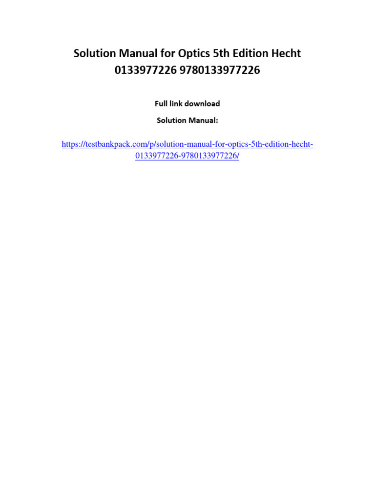 Solution Manual For Optics 5th Edition Hecht 0133977226 9780133977226 | PDF