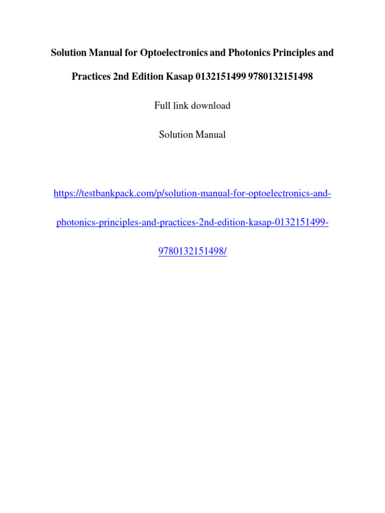 Solution Manual For Optoelectronics and Photonics Principles and Practices 2nd Edition Kasap ...