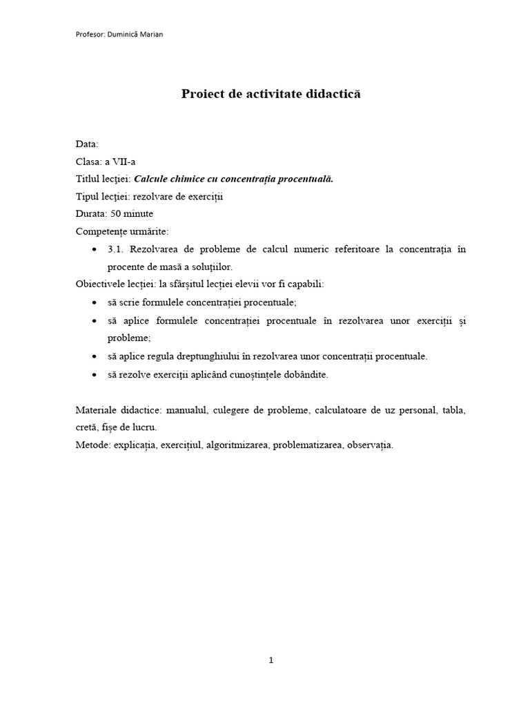 Proiect Lectie Concentratia Procentuala Cls 7 Probleme | PDF