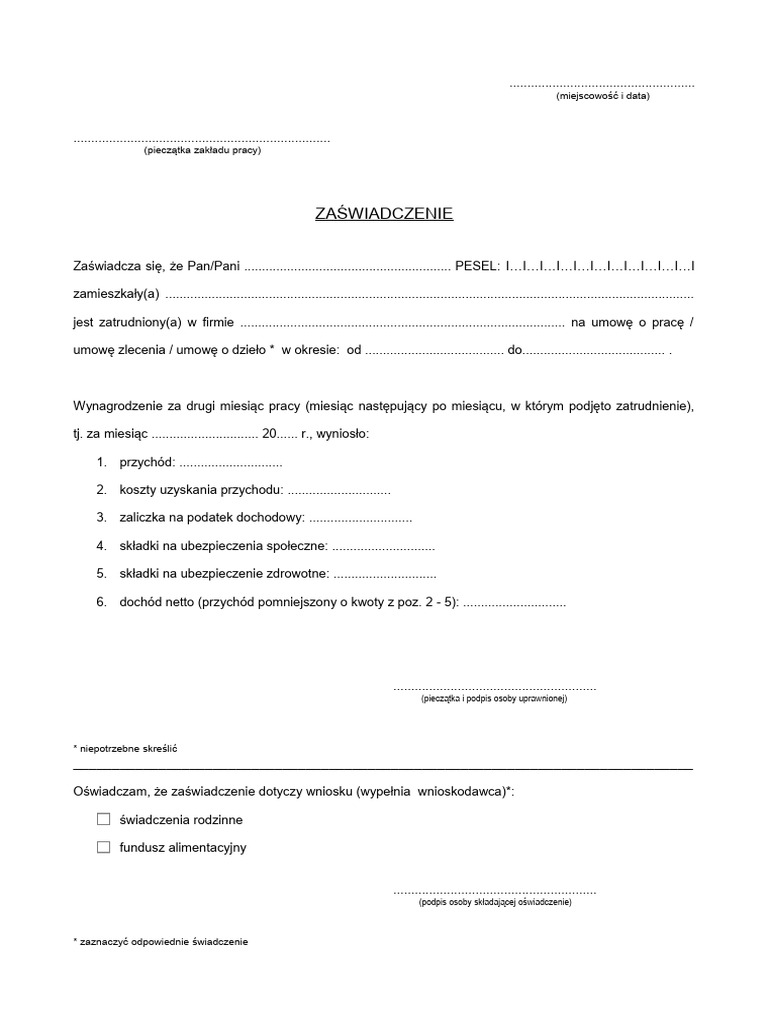 Zaświadczenie o Wynagrodzeniu-Dochód Uzyskany | PDF