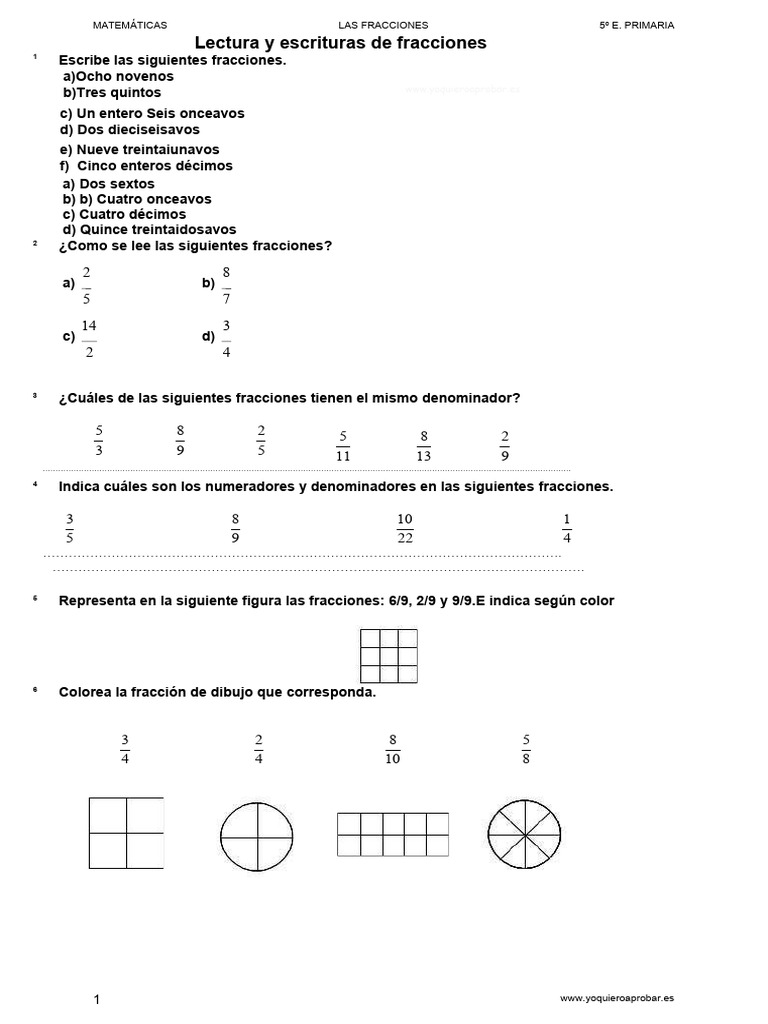 Lectura y escrituras de fracciones 04-09 | PDF