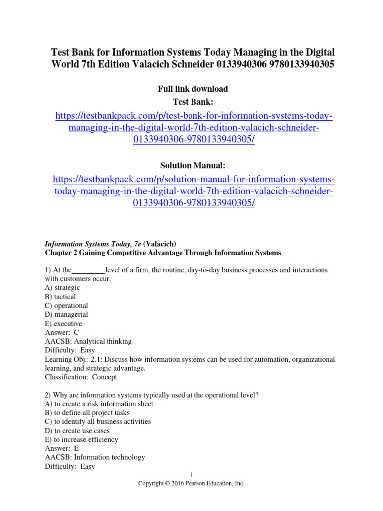 Test Bank For Information Systems Today Managing in The Digital World ...
