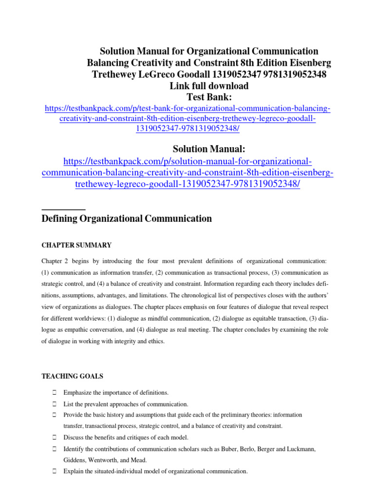Solution Manual For Organizational Communication Balancing Creativity and Constraint 8th Edition ...