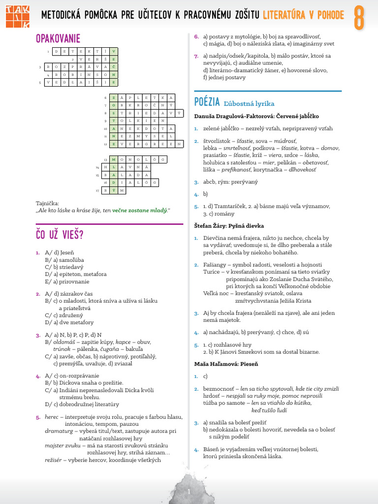Literatúra V Pohode 8 PZ - RIEŠENIA | PDF