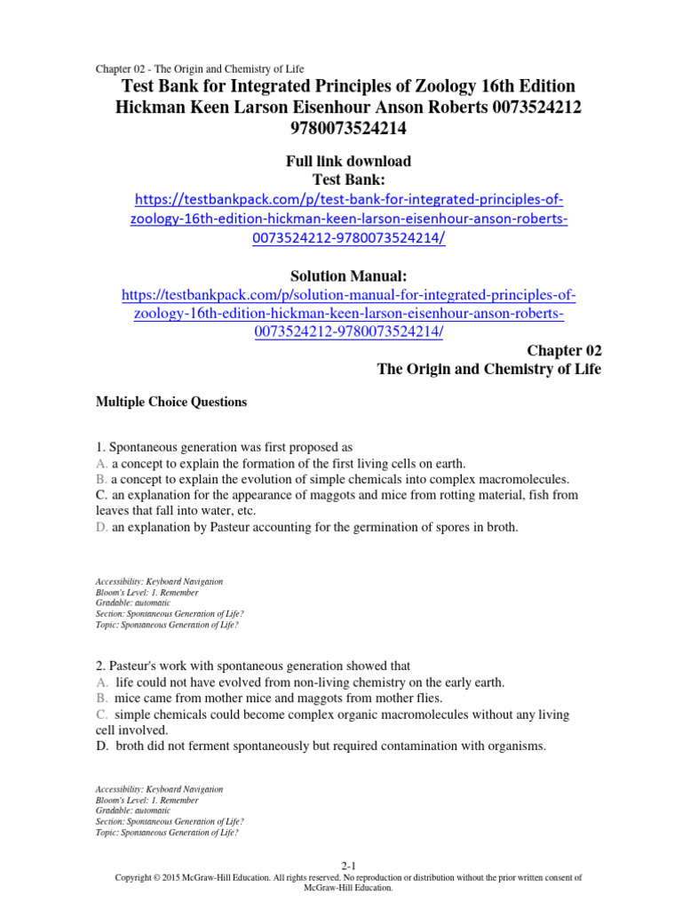 Test Bank For Integrated Principles of Zoology 16th Edition Hickman ...