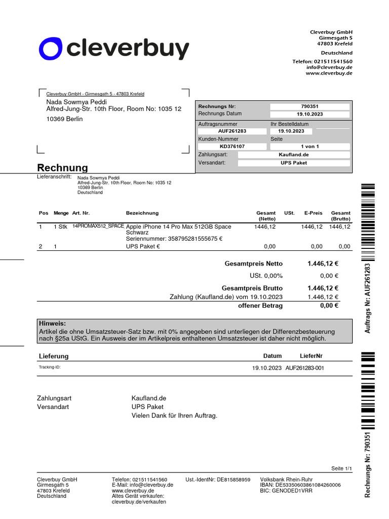 Rechnung: Rechnungs NR: 19.10.2023 790351 | PDF