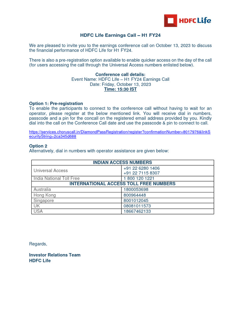 HDFC Life H1 FY24 Earnings Call Invite | PDF