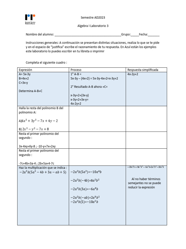 ALGEBRA - Lab 1.3 - Multiplicaciones y Propiedades de Exponentes | PDF