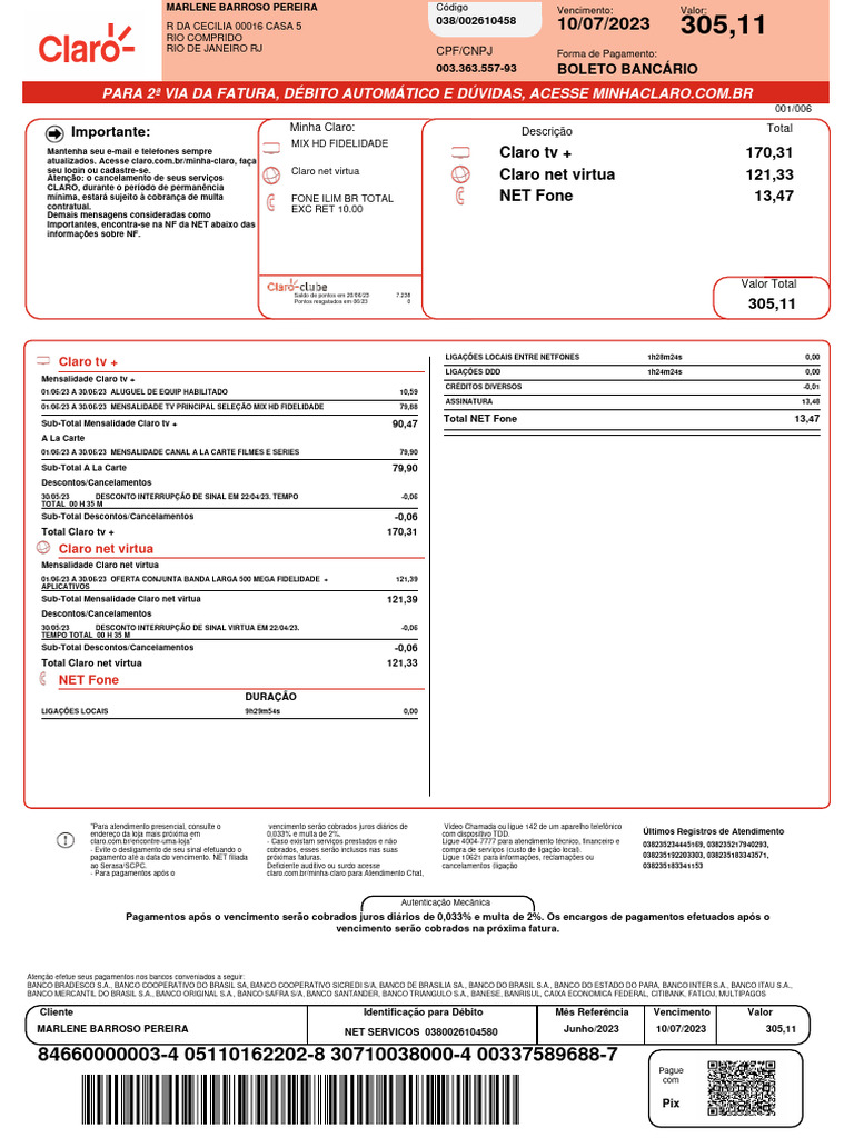 Boleto Bancário: 170,31 121,33 13,47 Claro TV + Claro Net Virtua NET Fone | PDF