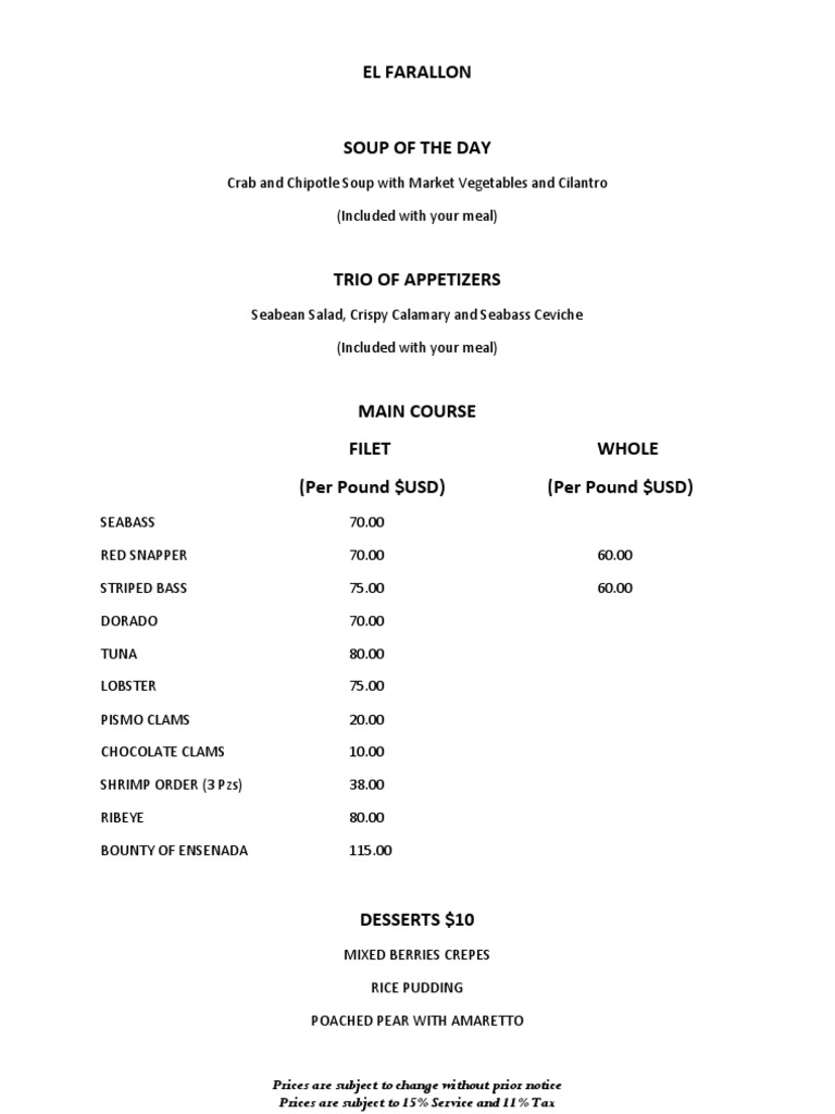 Farallon Menu 2011 | PDF | Cooking, Food & Wine | Science & Mathematics