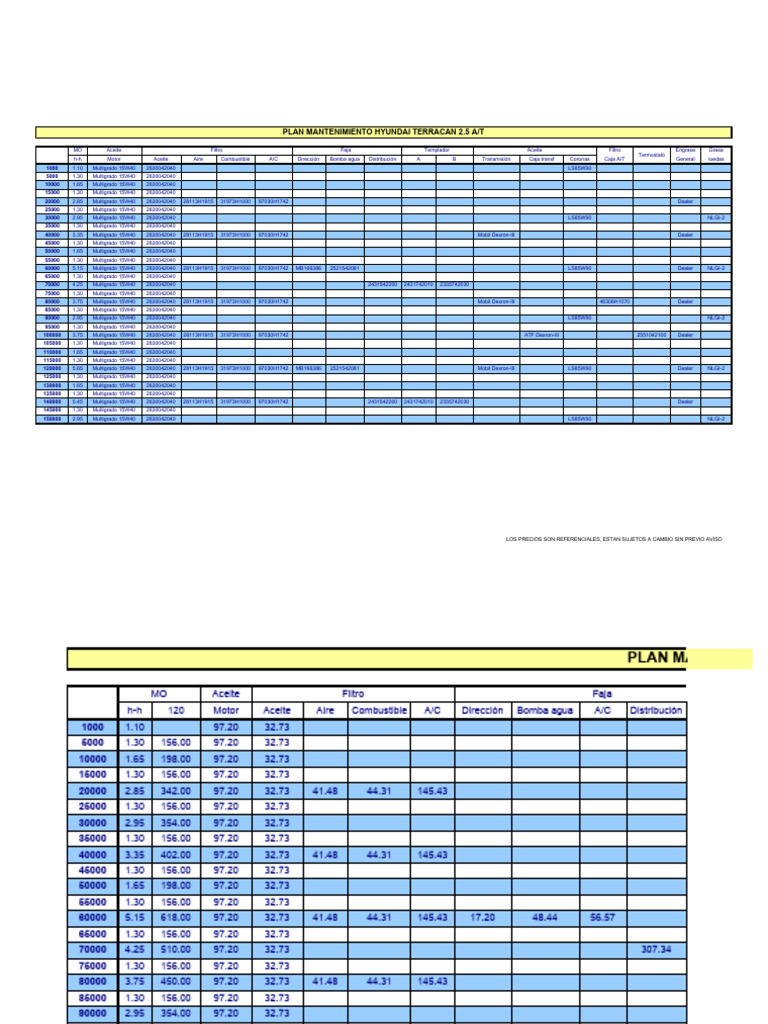 Plan Mant Terracan 2.5 At | PDF | Vehículo de motor | Ingeniería de Transporte