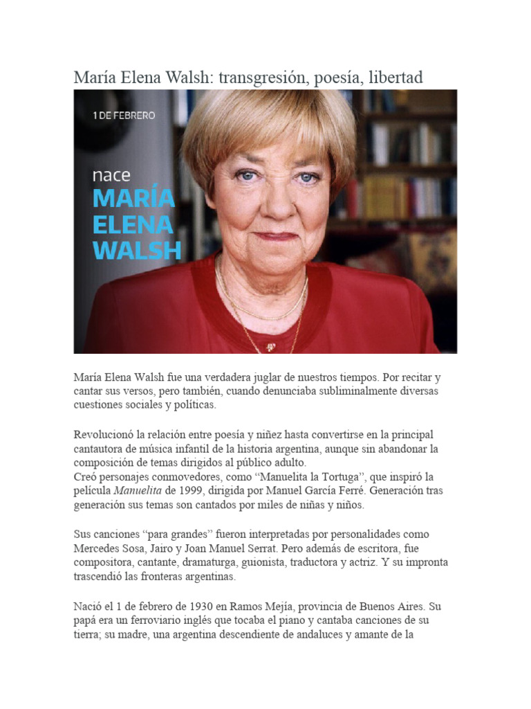 Biografía de María Elena Walsh para Niños | PDF | Poesía | Arte