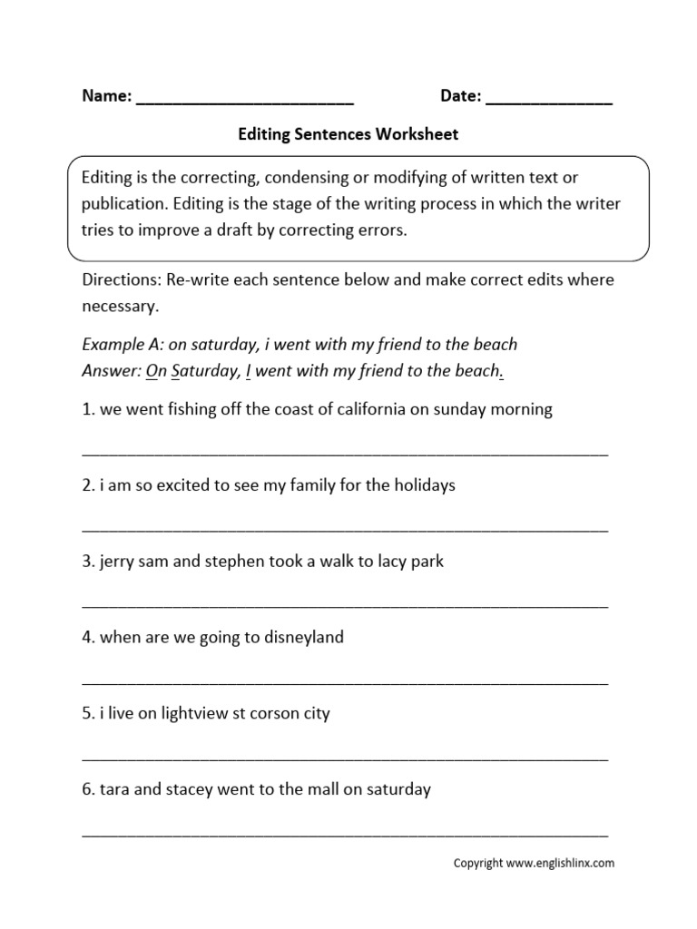 Editing Sentences Worksheet | PDF