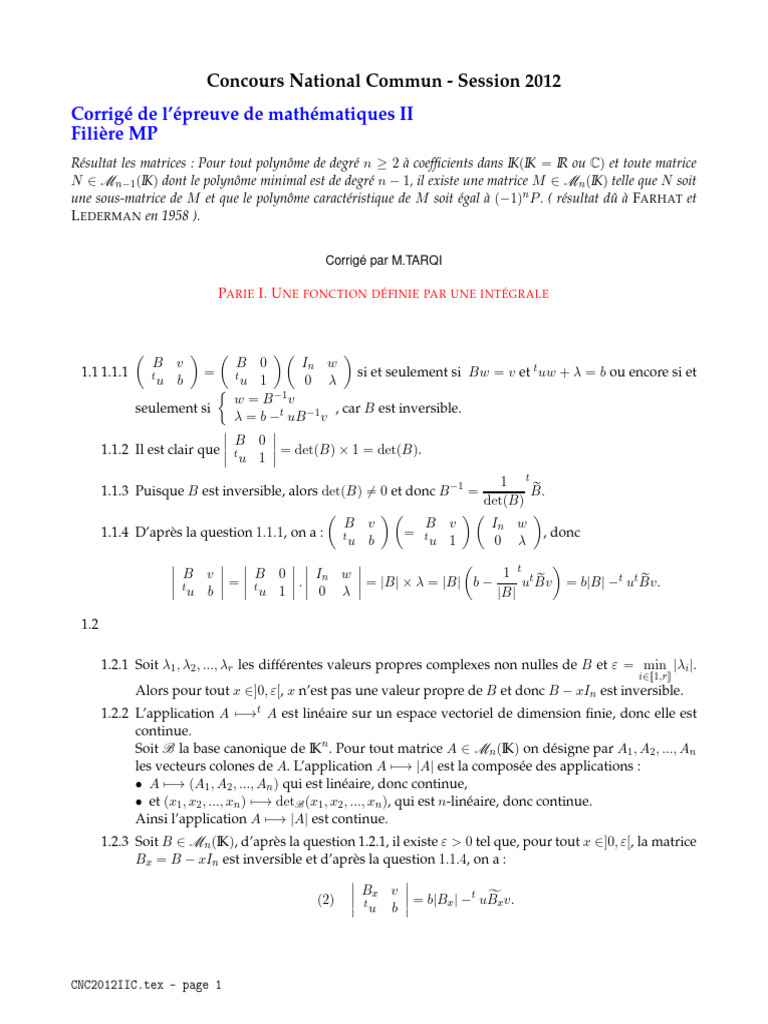 CNC MP 2012 Maths 2 Corrige | PDF