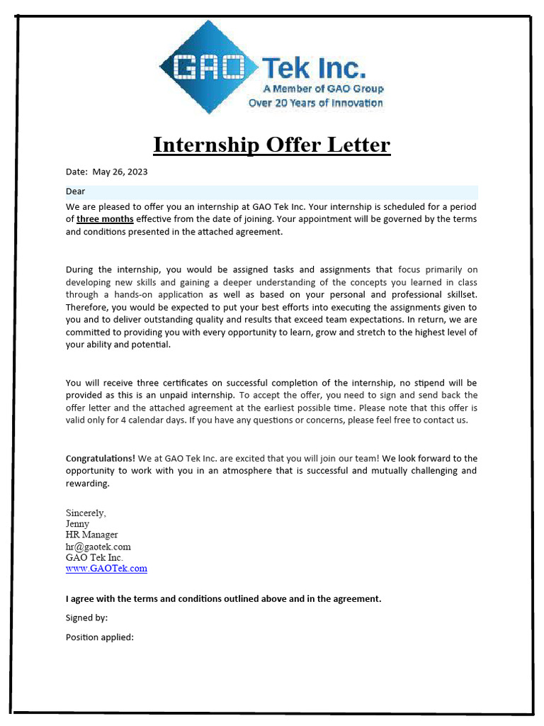 Internship Offer Letter - GAO Tek Inc | PDF | Career & Growth | Business