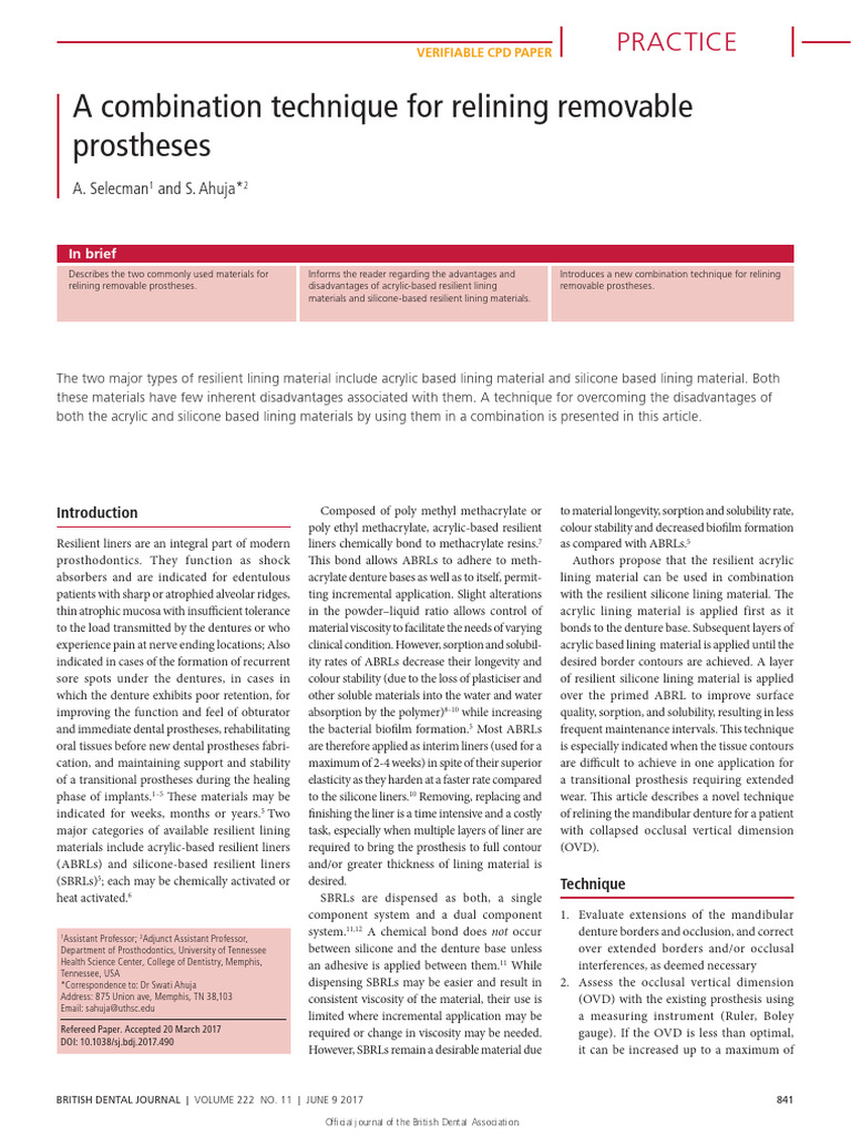 Combination Technique For Relining Removable Prostheses | PDF