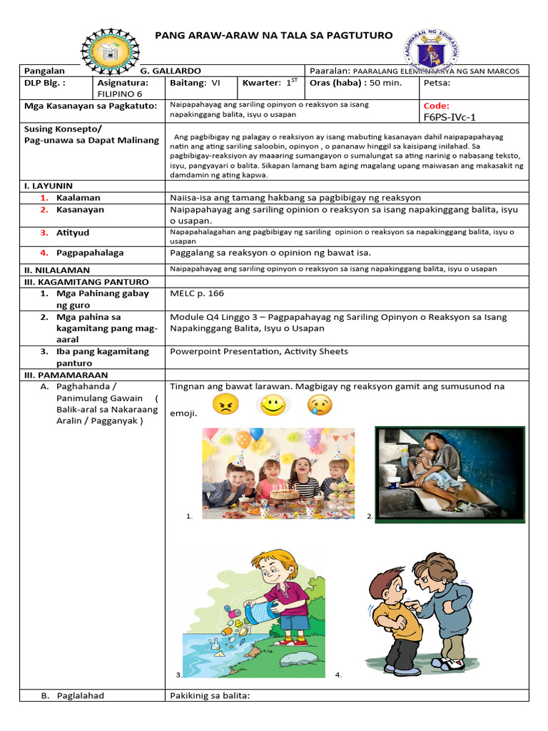 DLL Q1 FILIPINO - Naipapahayag Ang Sariling Opinyon o Reaksyon Sa Isang ...
