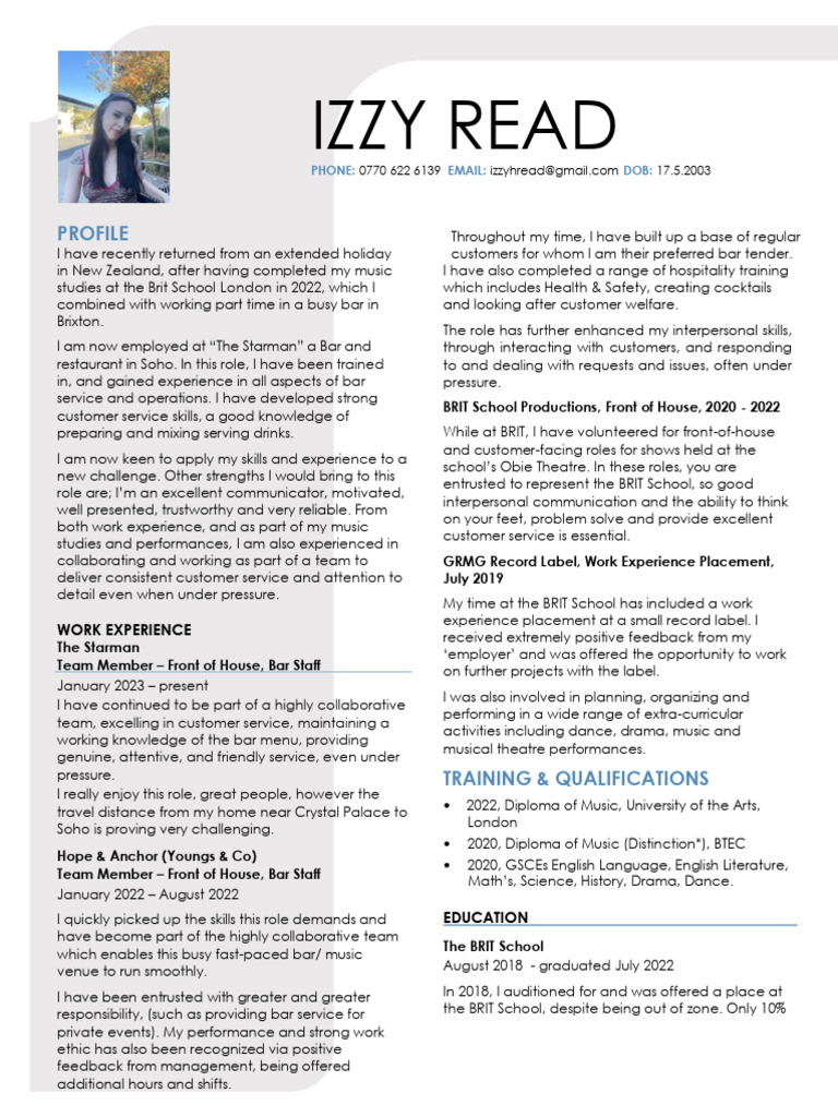 Izzy Read CV April | PDF