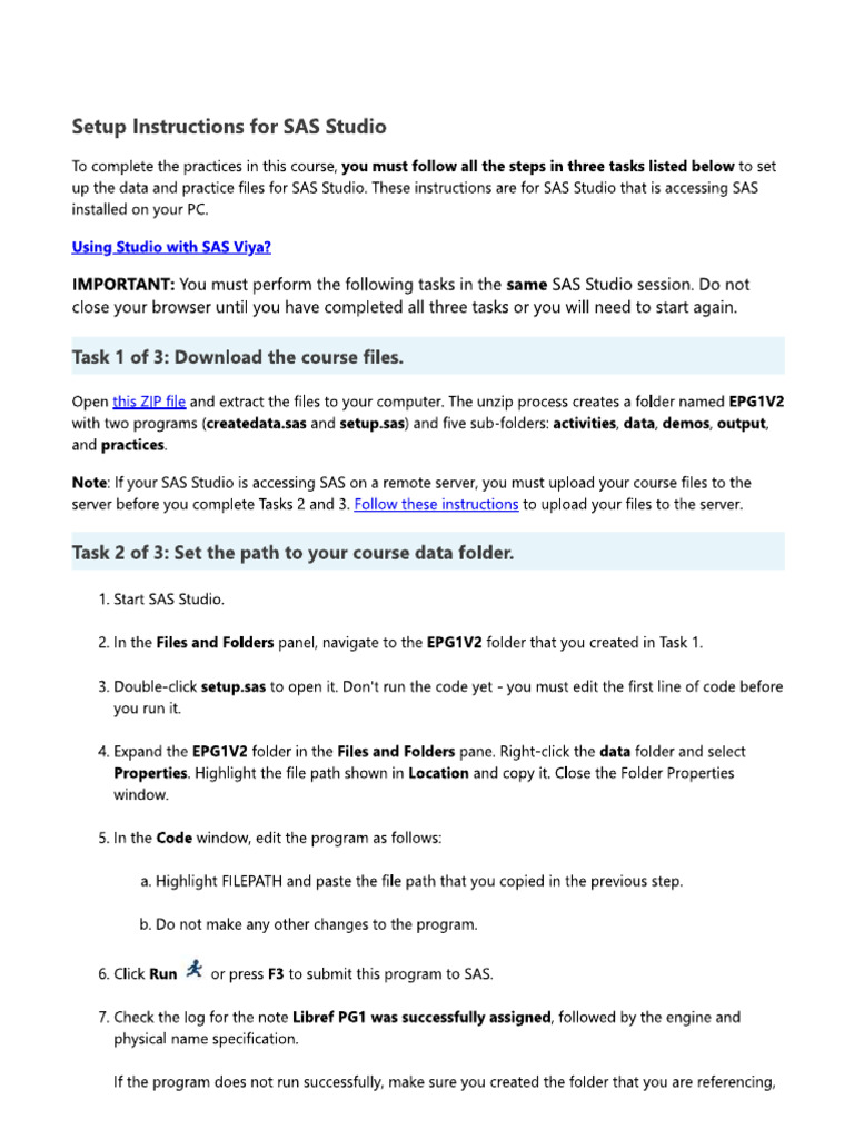 Setup Instructions For SAS Studio | PDF