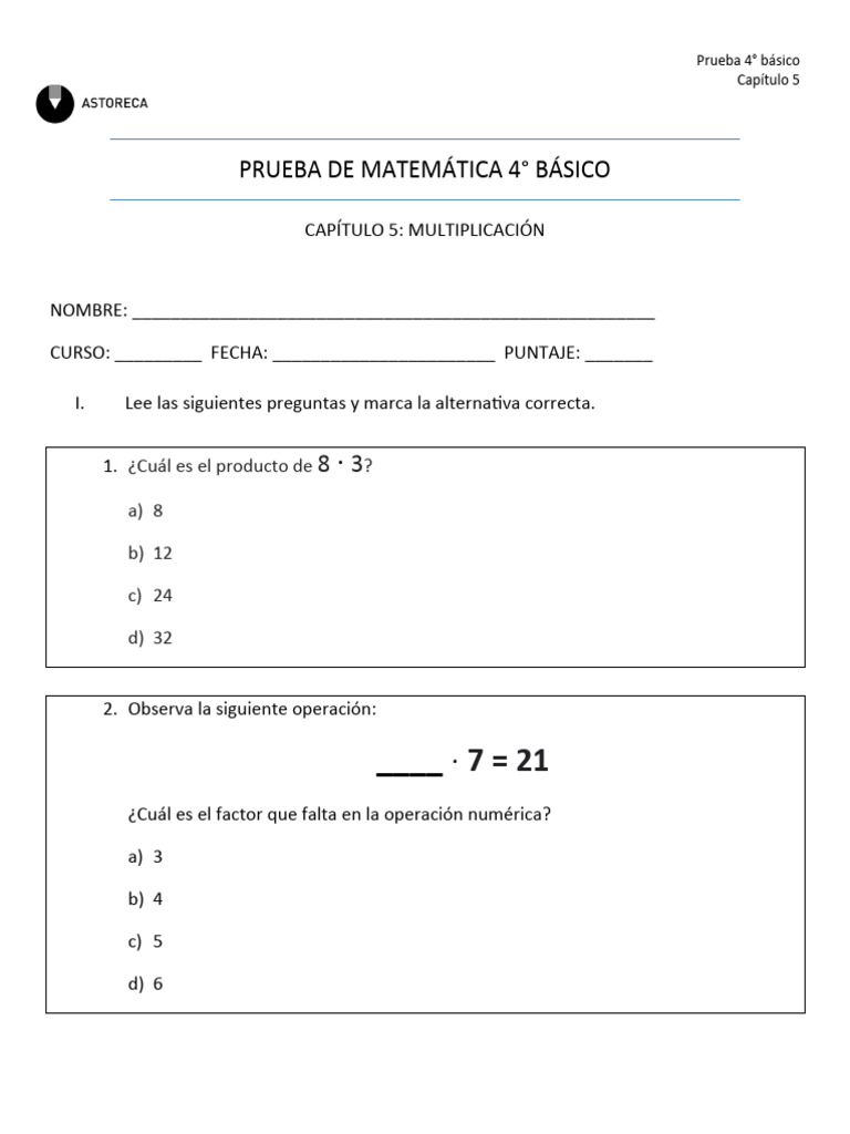 Prueba 4º CAP 5 Multiplicación | PDF | Multiplicación | Matemáticas