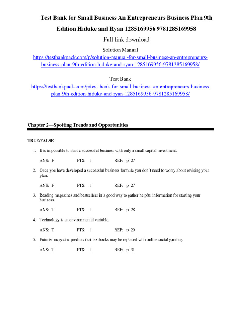 Test Bank For Small Business An Entrepreneurs Business Plan 9th Edition ...