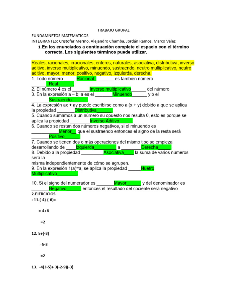 Trabajo Grupal | PDF | Sustracción | Objetos matemáticos
