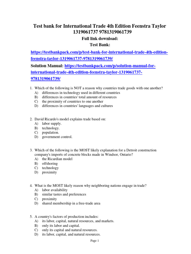 Test Bank For International Trade 4th Edition Feenstra Taylor ...