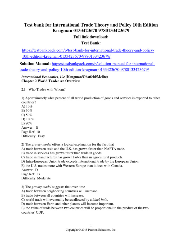 Test Bank For International Trade Theory and Policy 10th Edition ...