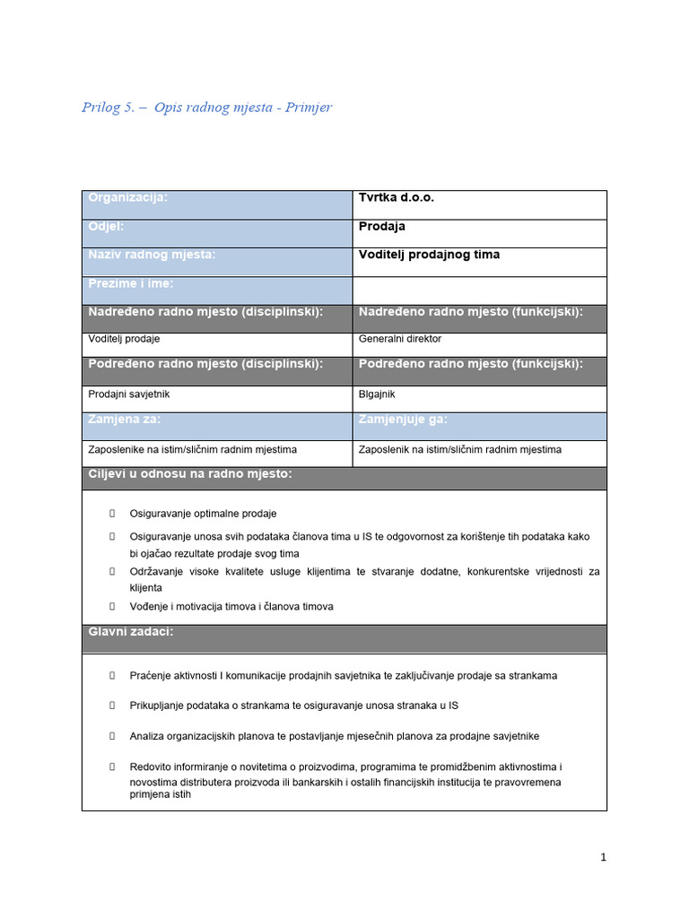 Prilog 5 Opis Radnog Mjesta Primjer | PDF