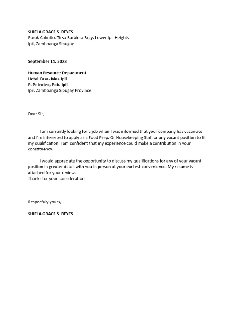 Job Application for Food Prep/Housekeeping | PDF | Career & Growth ...