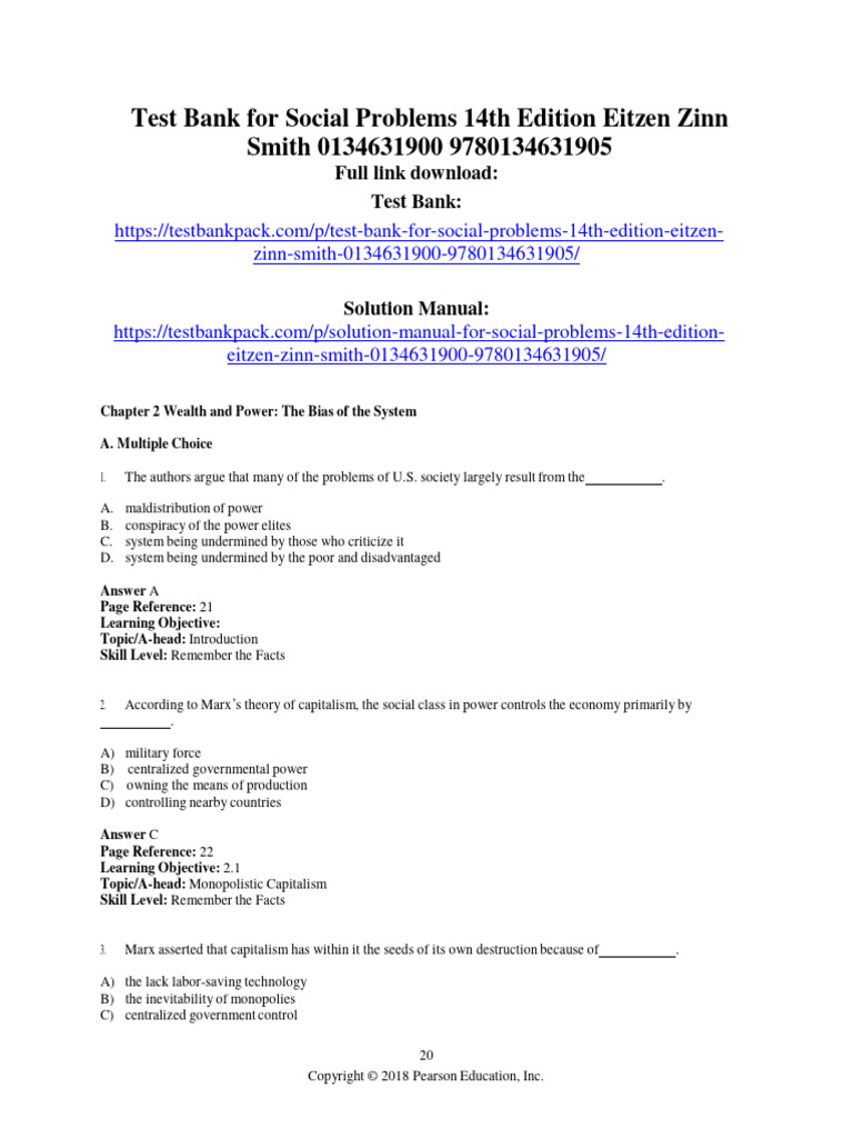 Test Bank For Social Problems 14th Edition Eitzen Zinn Smith 0134631900 ...
