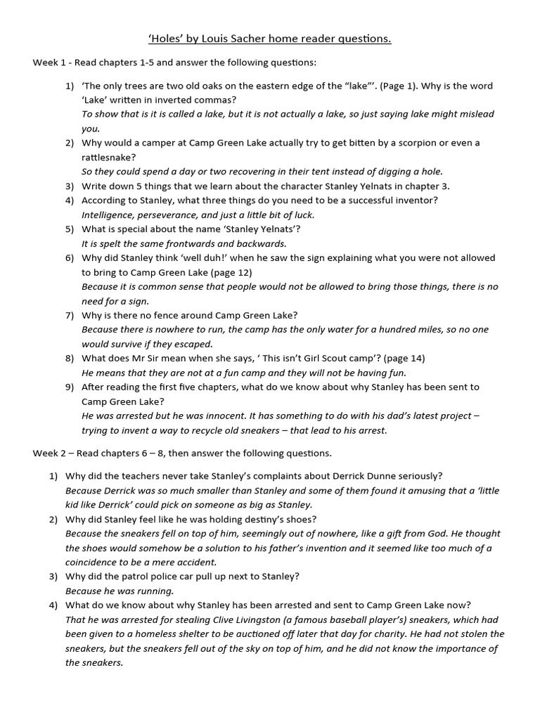 Holes Home Reading Booklet Answers | PDF