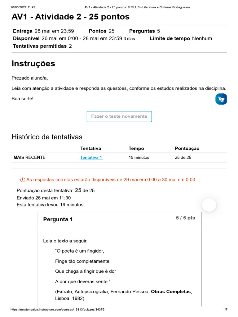 AV1 - Atividade 2 - 25 Pontos - M.SLL.3 - Literatura e Culturas Portuguesas | PDF