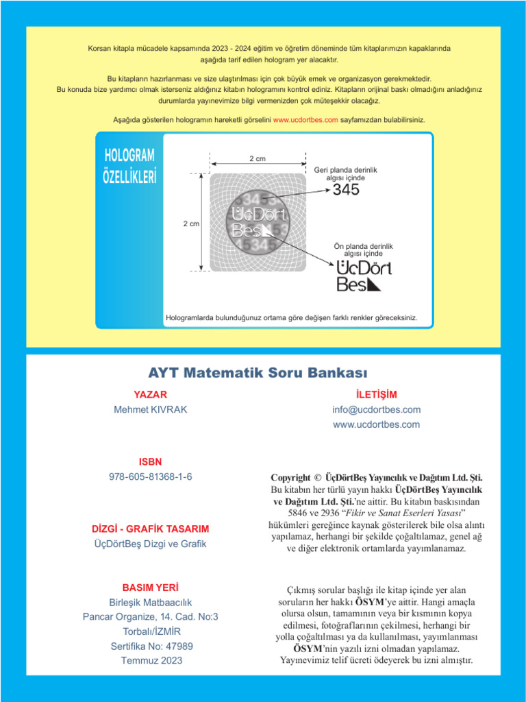 2024 345 Yayinlari Ayt Matematik Soru Bankasi PDF Indir 12598 | PDF