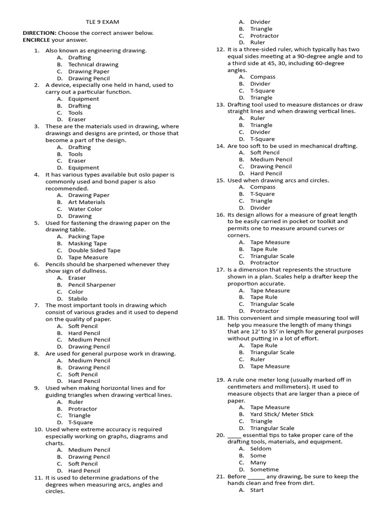 Tle 9 Exam | PDF | Technical Drawing | Pencil