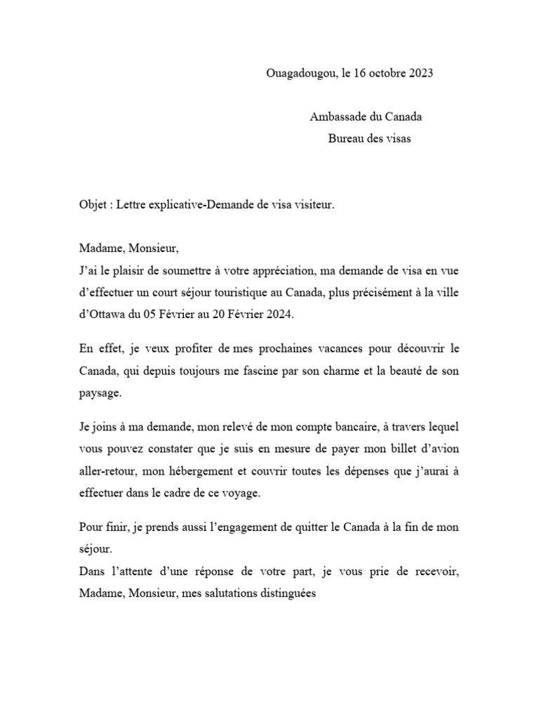 Lettre explicative pour visa visiteur | PDF