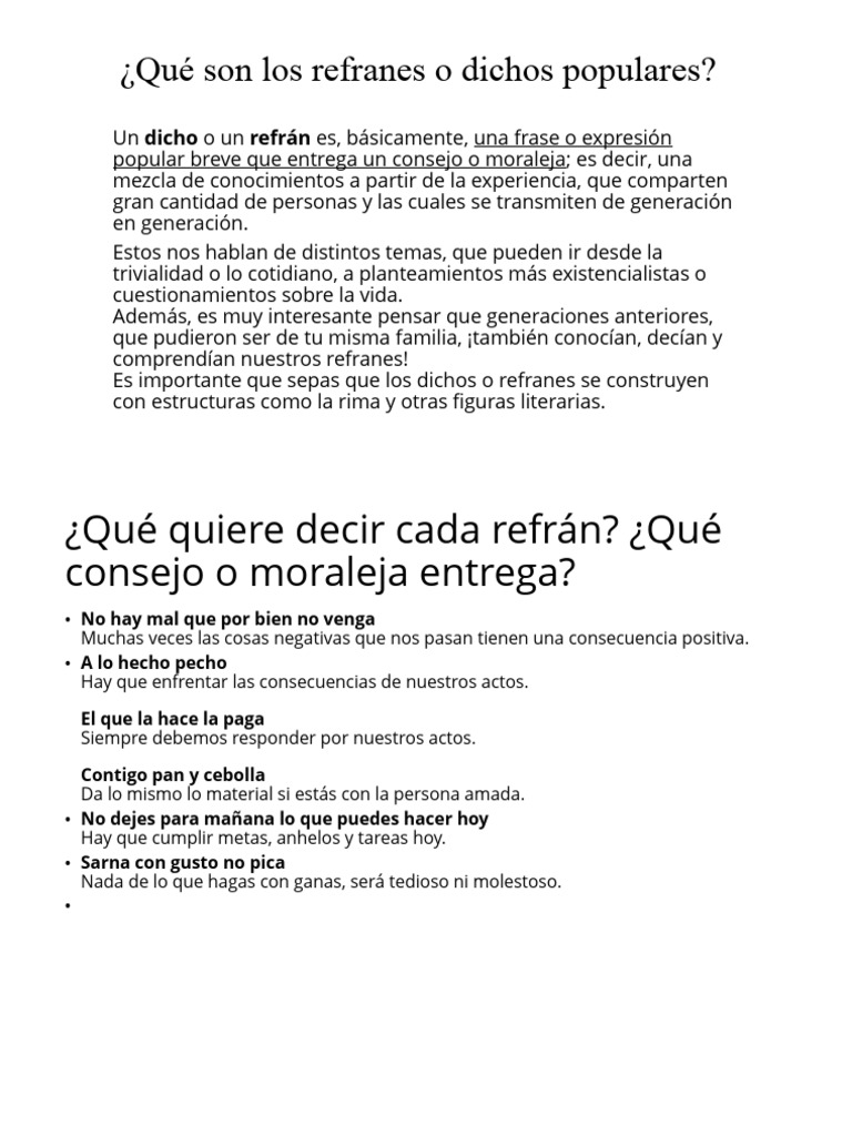 Refranes: Consejos y Moralejas Populares | PDF
