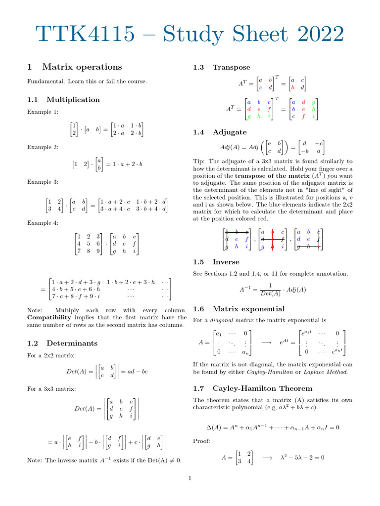 TTK4115 Linear System Theory Study Sheet | PDF