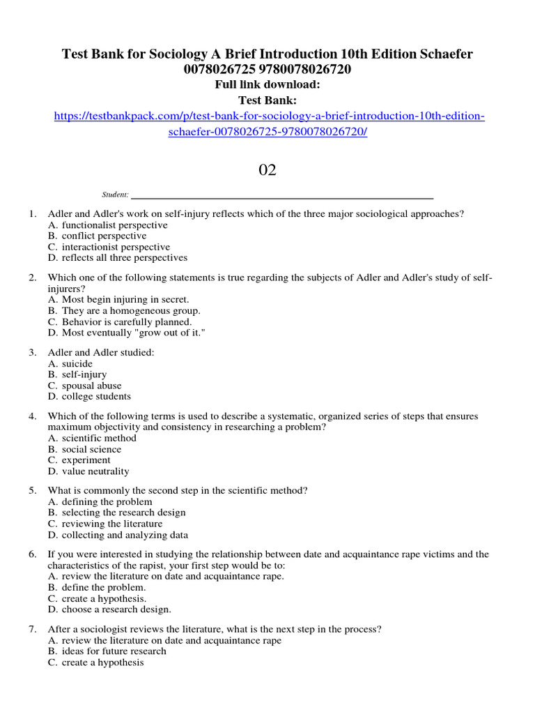 Test Bank For Sociology A Brief Introduction 10th Edition Schaefer ...