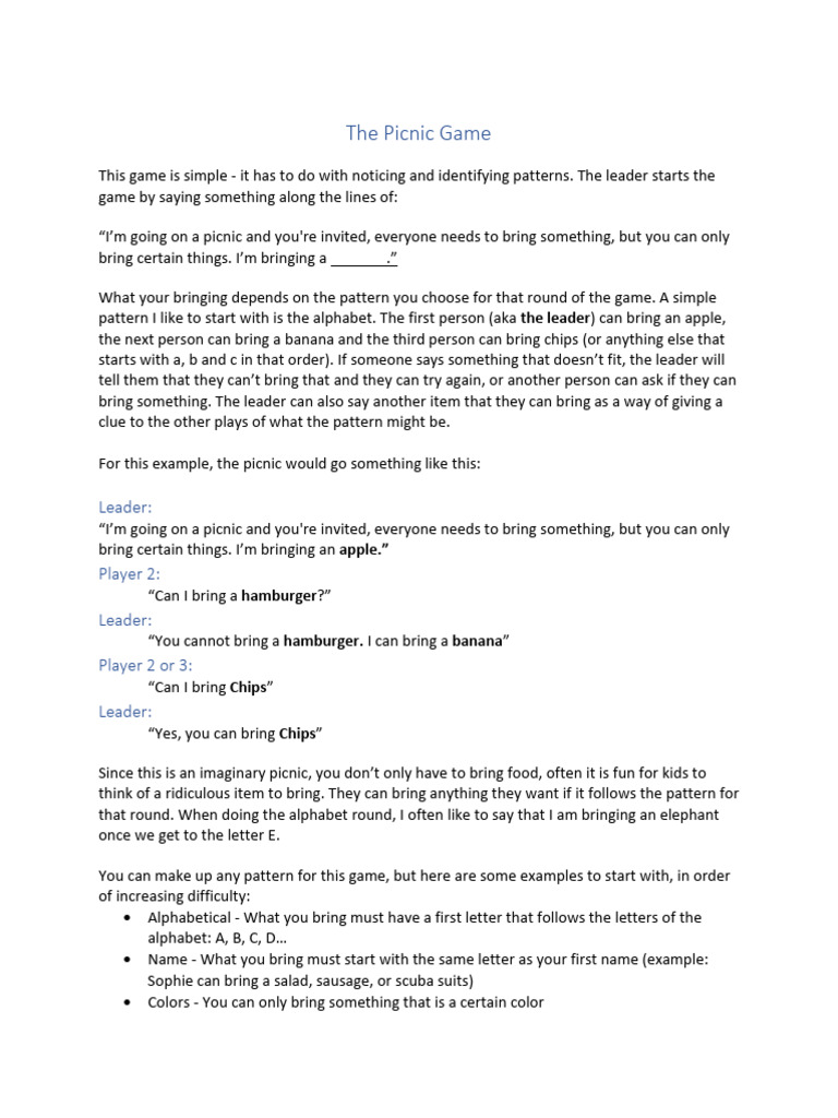 Picnic Game | PDF | Language Arts & Discipline | Self-Improvement