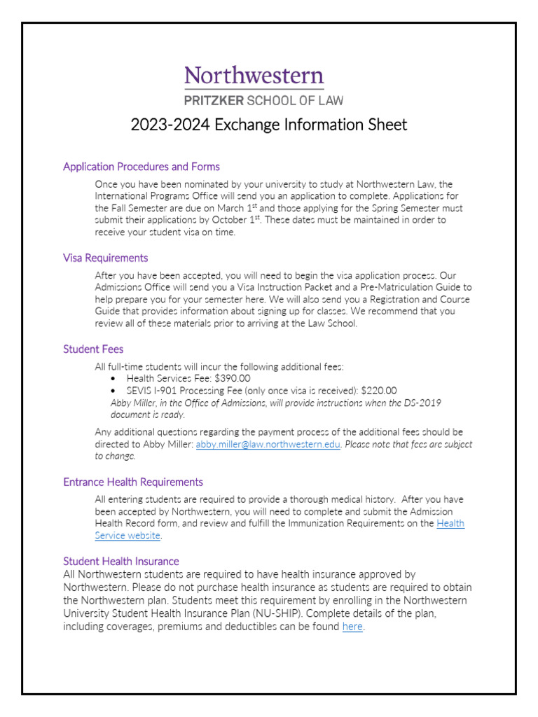 Northwestern Exchange Information Sheet 2023-2024 | PDF | Academic Term | University And College ...