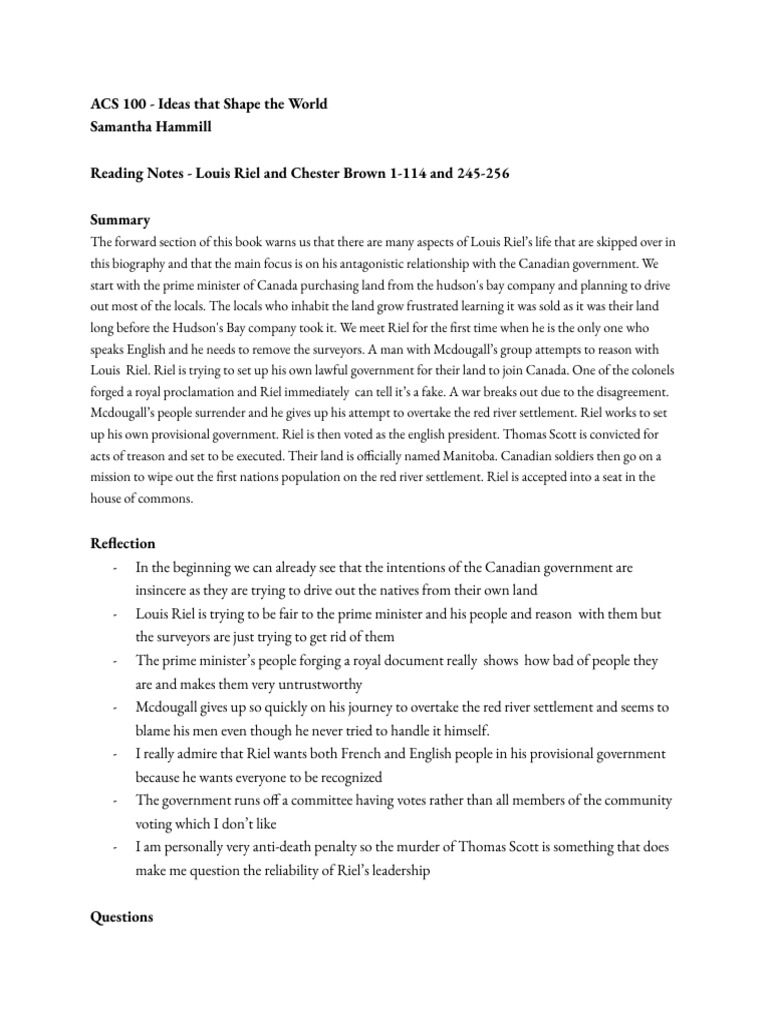 Louis Riel - Reading Notes | PDF