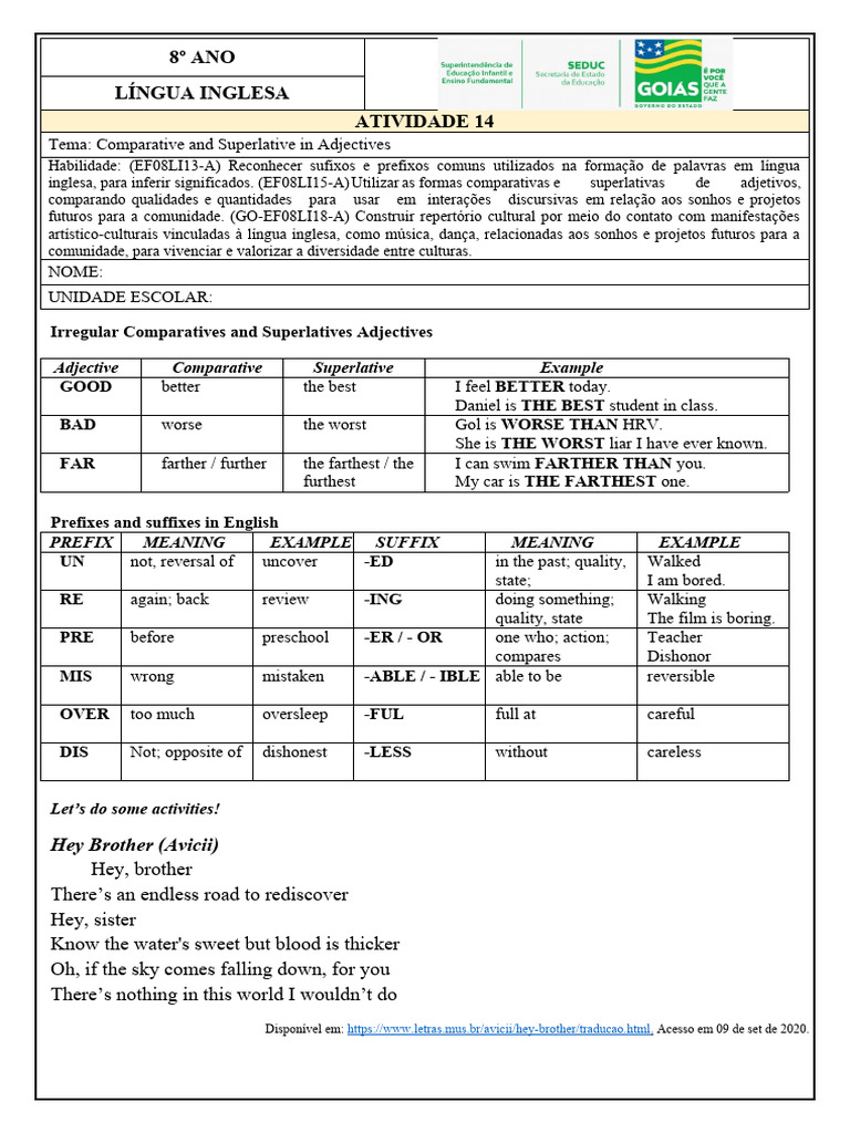 Atividade 14 8o LI Comparative and Superlative in Adjectives Professor | PDF