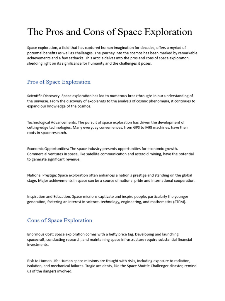 The Pros and Cons of Space Exploration | PDF