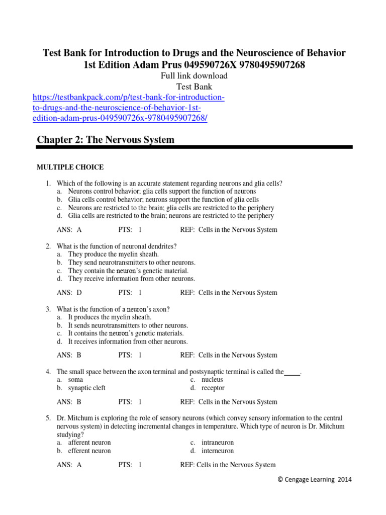 Test Bank For Introduction To Drugs and The Neuroscience of Behavior ...