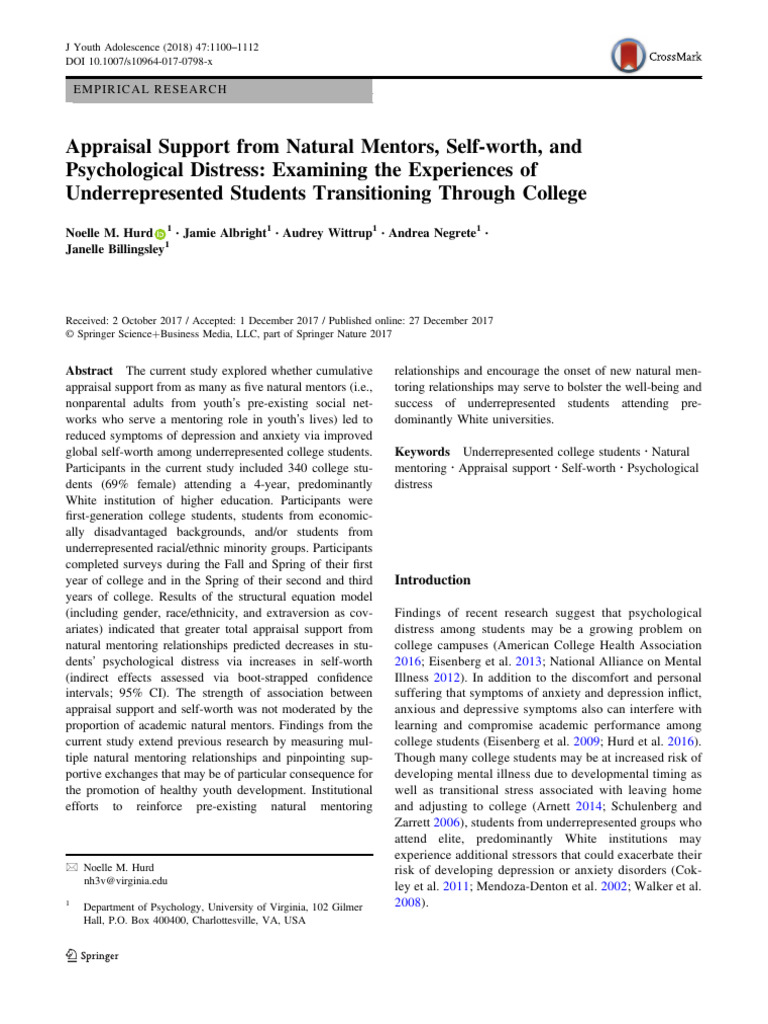 Appraisal Support From Natural Mentors, Self-Worth, and | PDF | Self ...