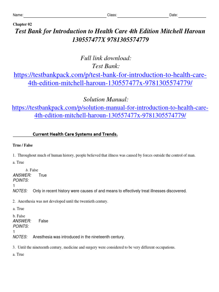 Test Bank For Introduction To Health Care 4th Edition Mitchell Haroun ...