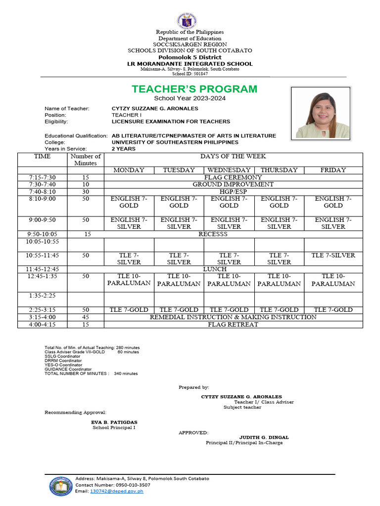 ARONALES - Teachers-Program-JHS-2023-2024! | PDF