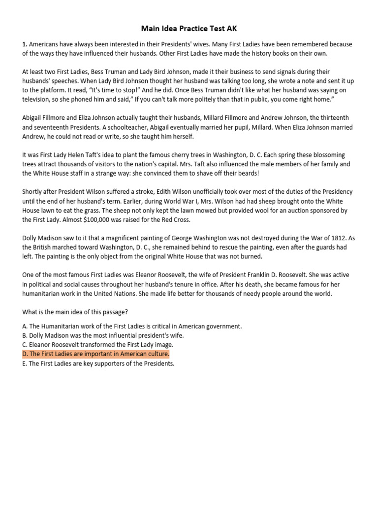 Main Idea Practice Test AK | PDF