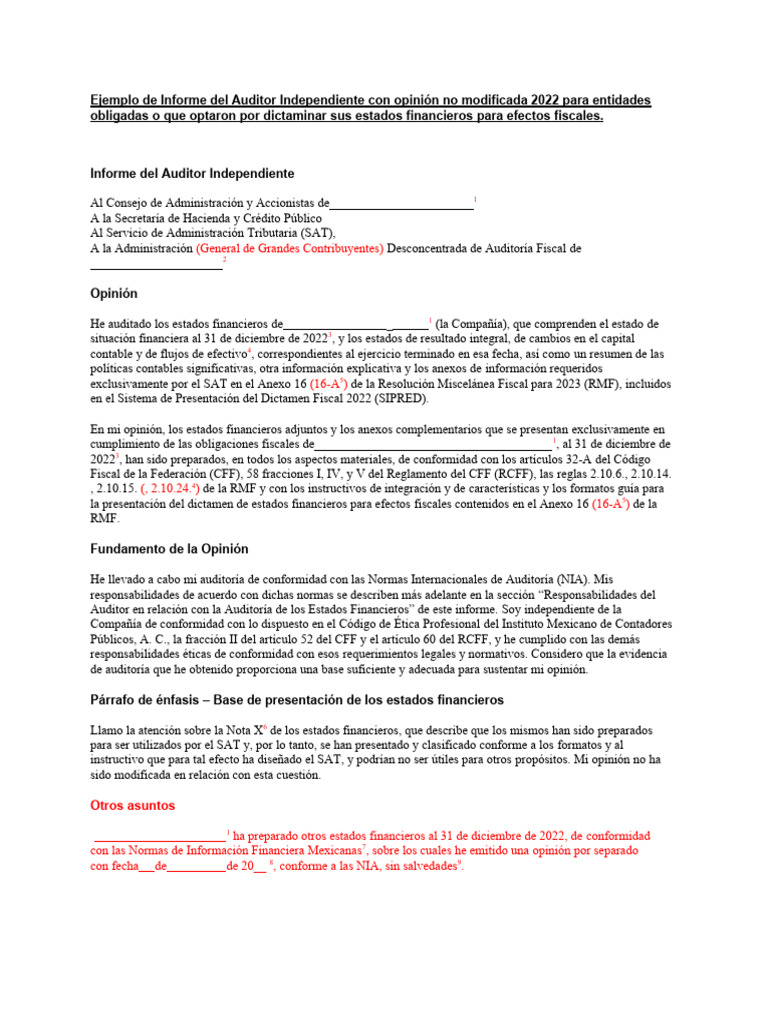 Anexo I Folio 14. Ejemplo Del Informe Del Auditor Independiente para Efectos Del Dictamen Fiscal ...